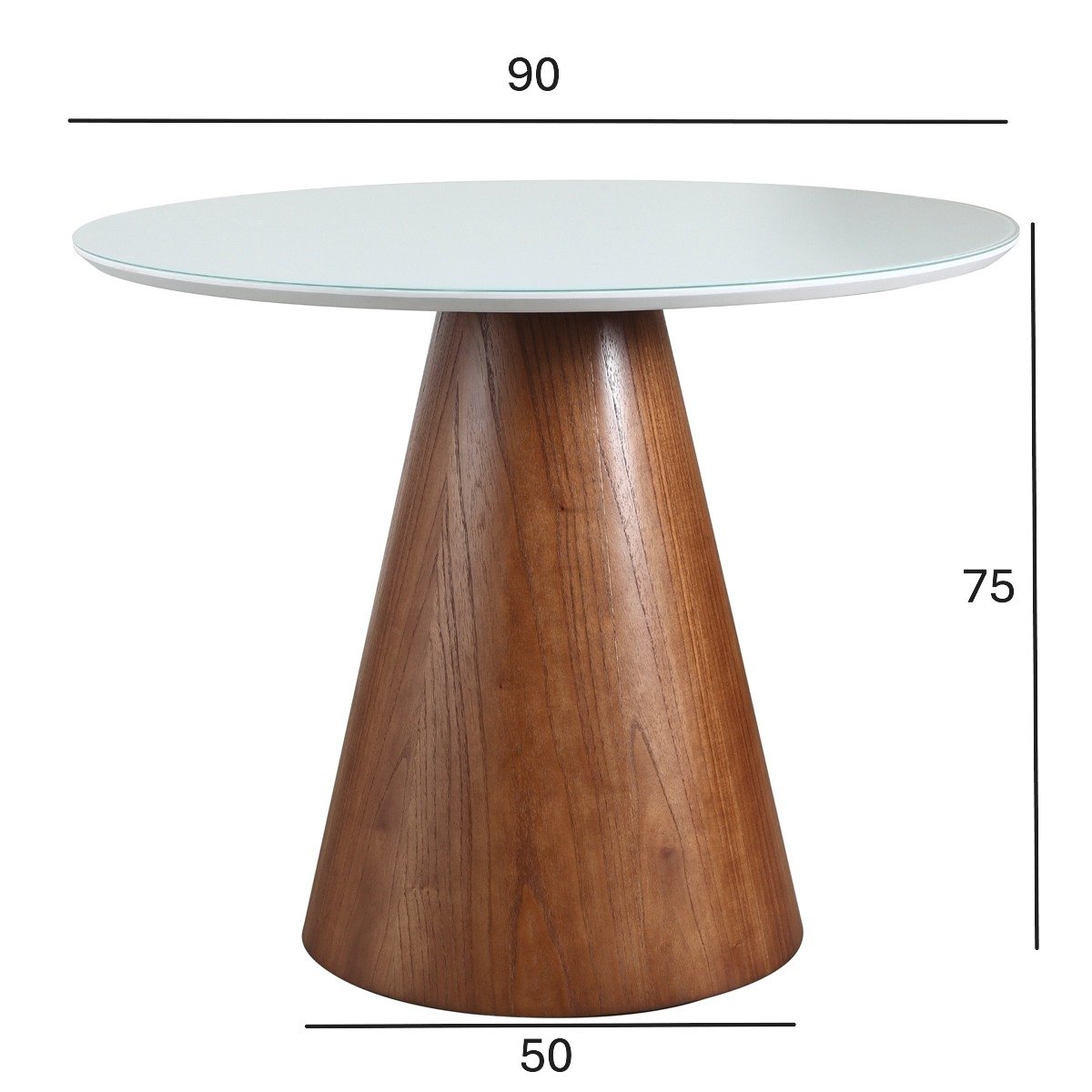 Mesa de Jantar Cone 90 Base Lamina de Madeira Natural castanho e Tampo Laca Branco com Vidro